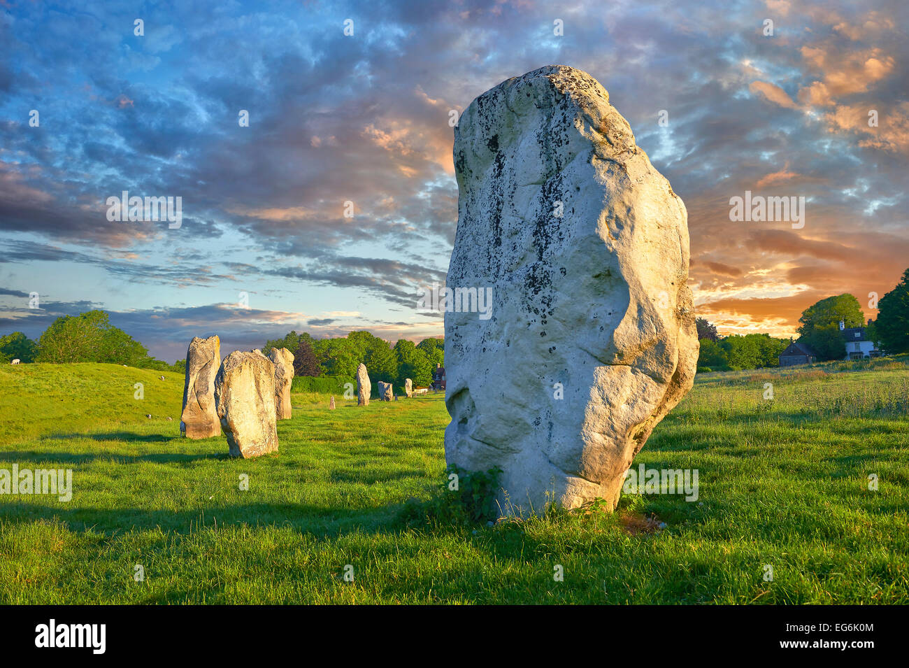 Avebury neolithic standing stone circle, largest in England at sunset ...