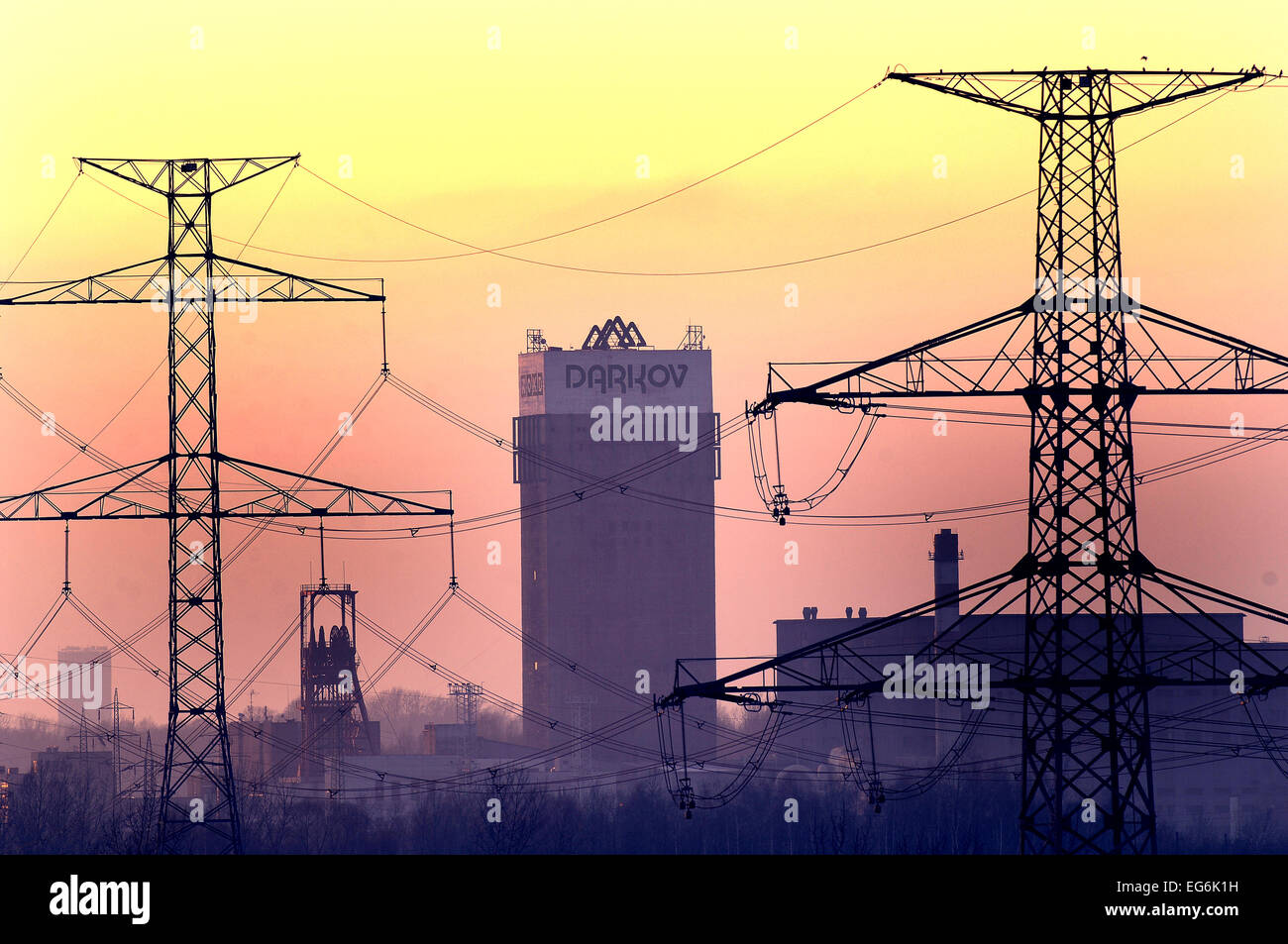 Darkov Mine, OKD, high voltage, pylon, power line towers, sunset Stock ...