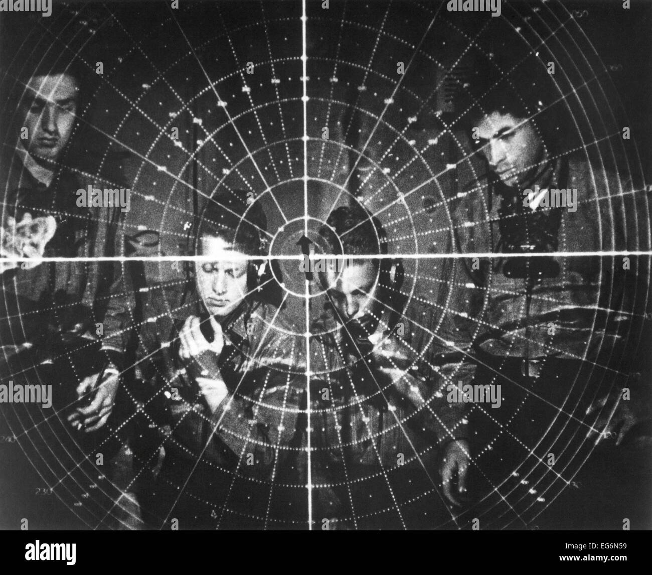 U.S. sailors at a state of the art radar scope during World War 2. Ca ...