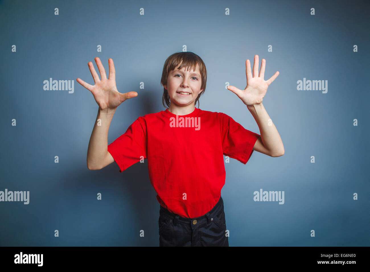 European-looking boy of ten years shows a figure ten fingers on Stock ...