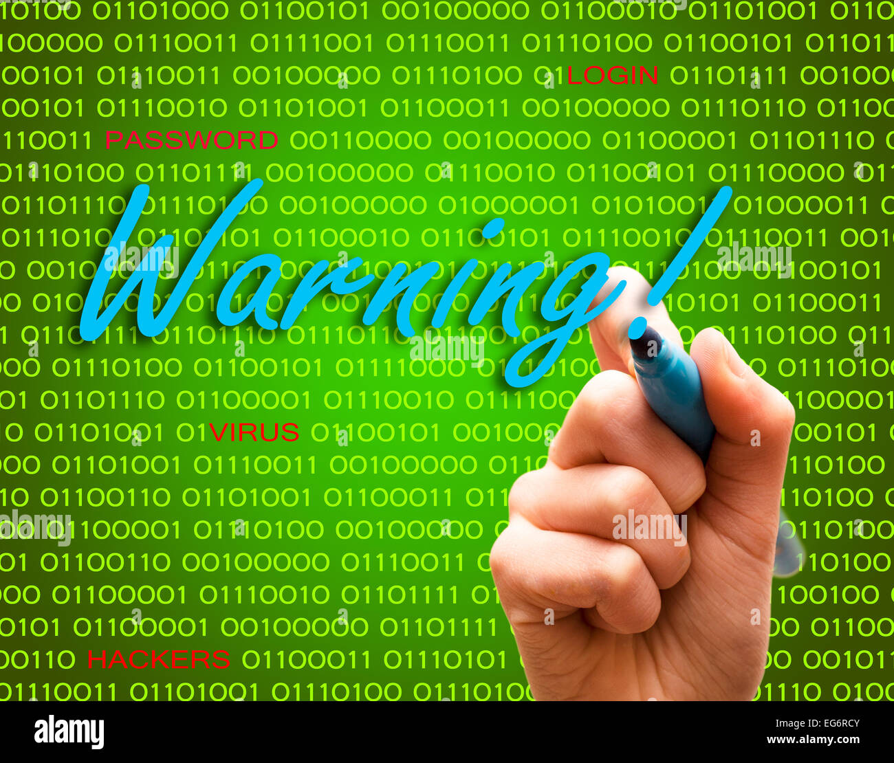 Warning password login virus hackers hand binary text Stock Photo - Alamy