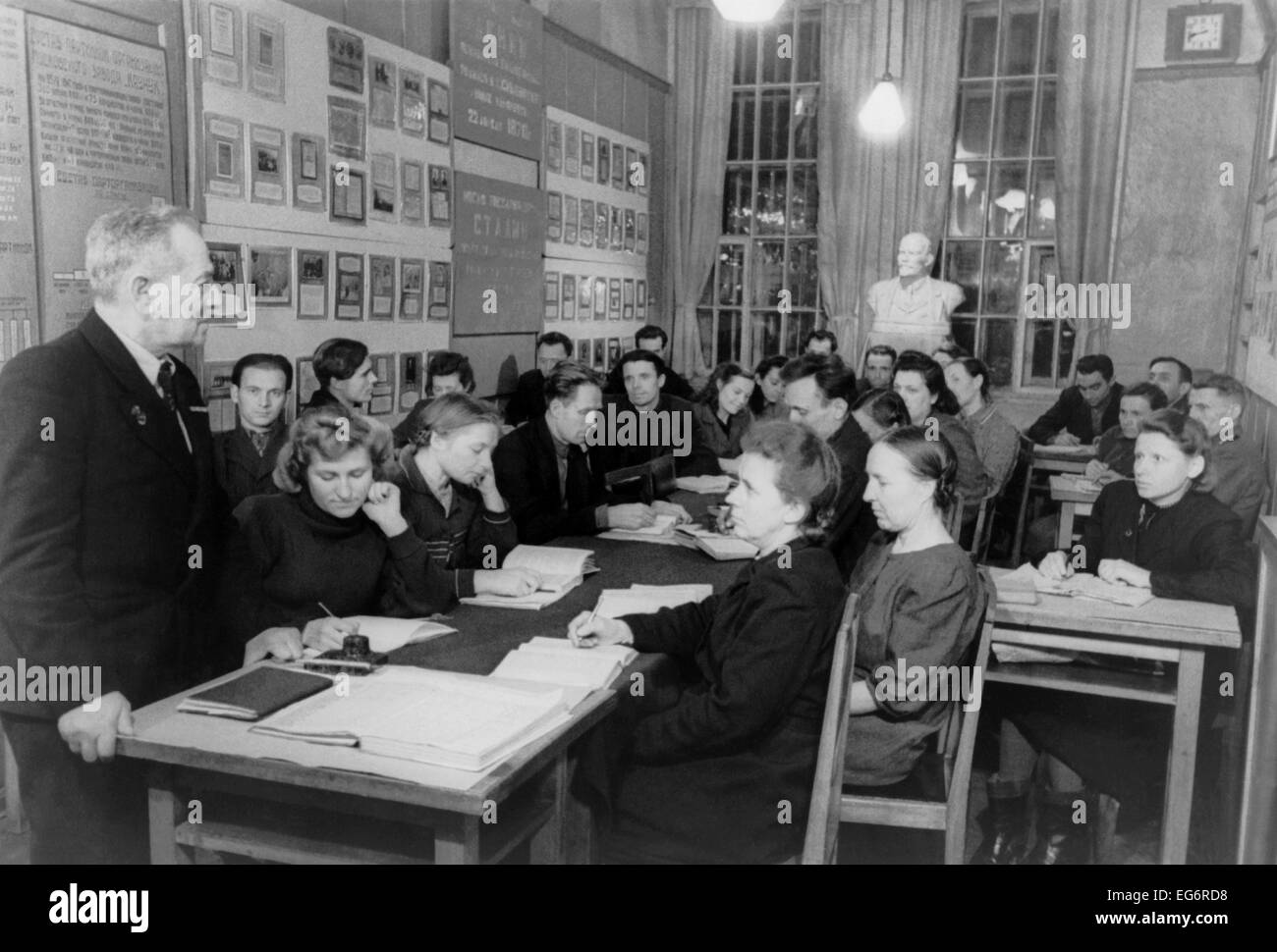 Communist Party evening class at a Moscow factory. The meeting room has ...