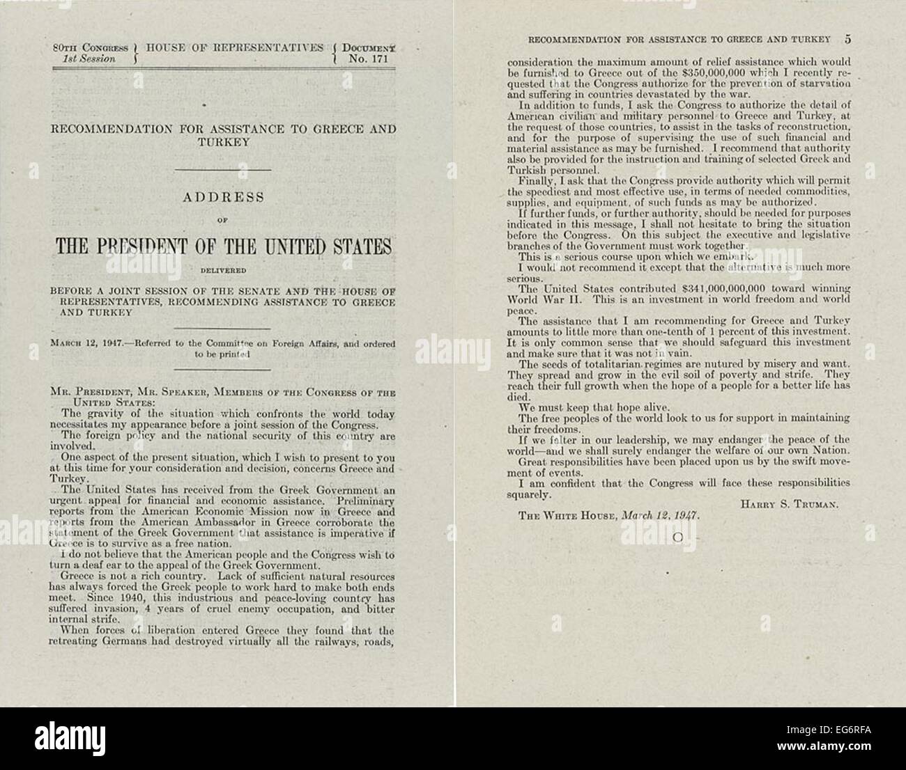 President Truman's Message to Congress, Recommending Assistance to ...