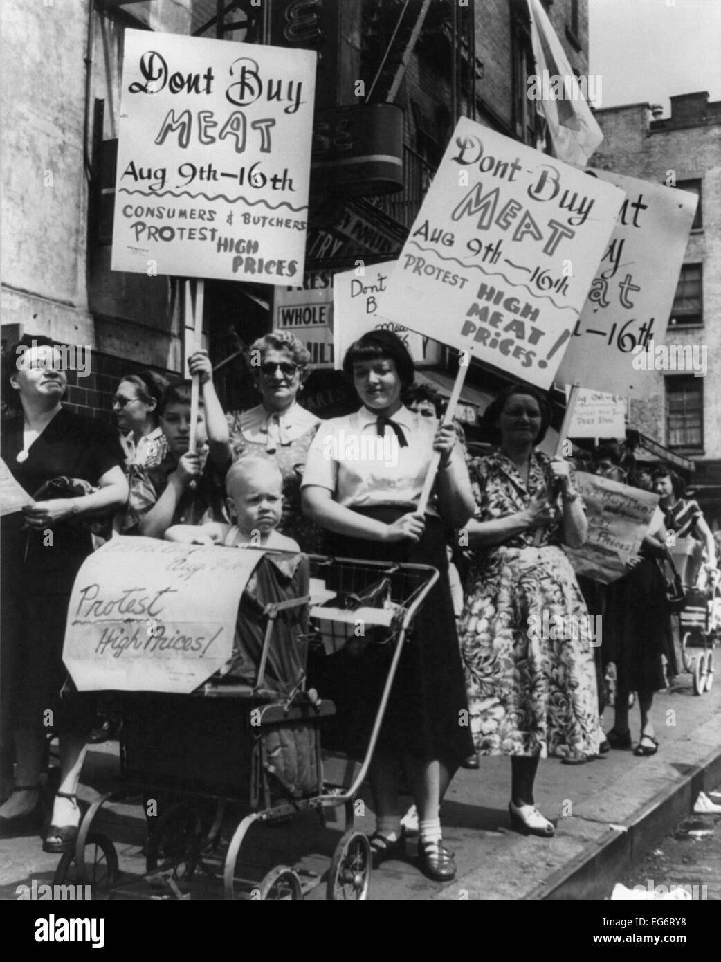 Housewives demonstrate at a meat market in New York City to protest the ...