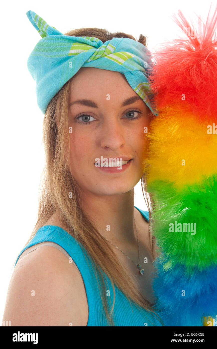 Woman with plumo isolated on a white background Stock Photo - Alamy