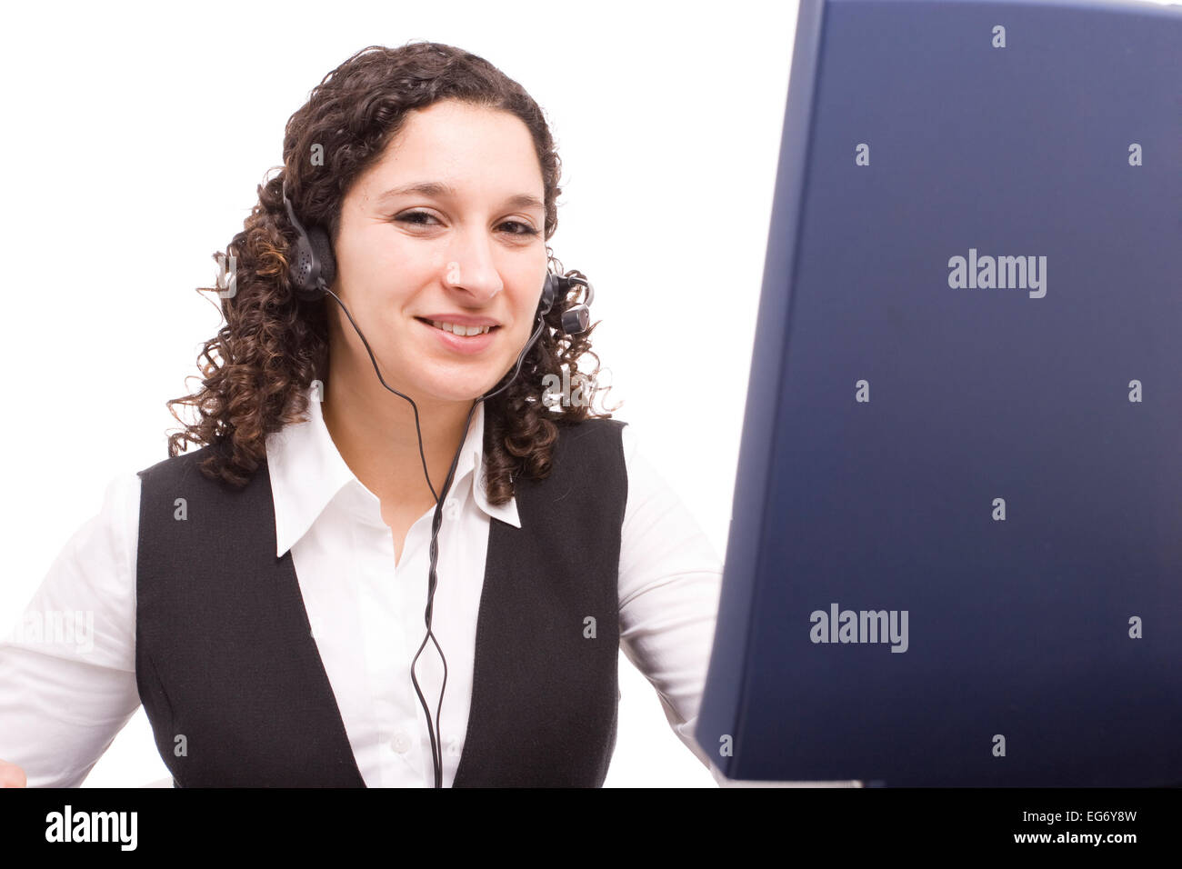 Friendly telephone operator working with laptop isolated Stock Photo - Alamy