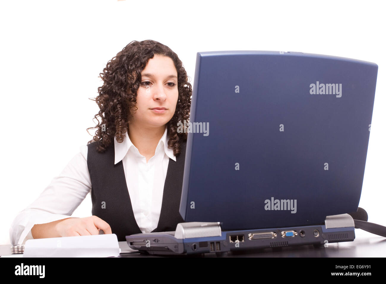 Friendly telephone operator working with laptop isolated Stock Photo ...