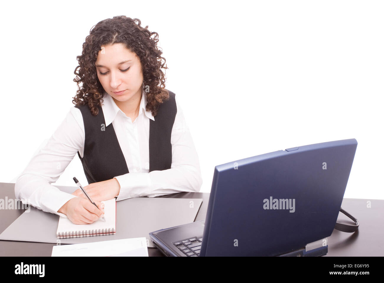 Friendly telephone operator working with laptop isolated Stock Photo ...