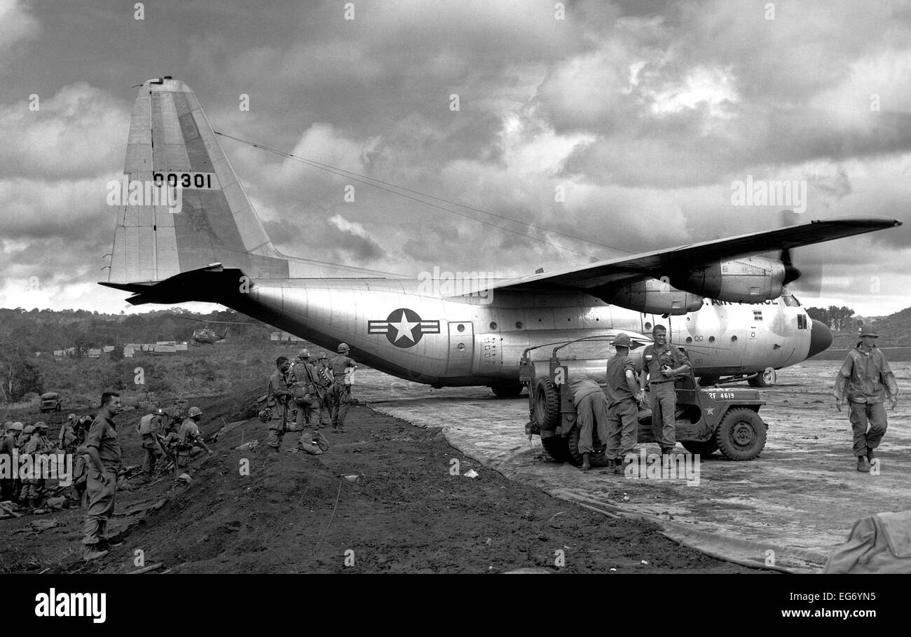An AC-130 plane of the US Air Force on the runway in Kbam Bleh, Vietnam ...