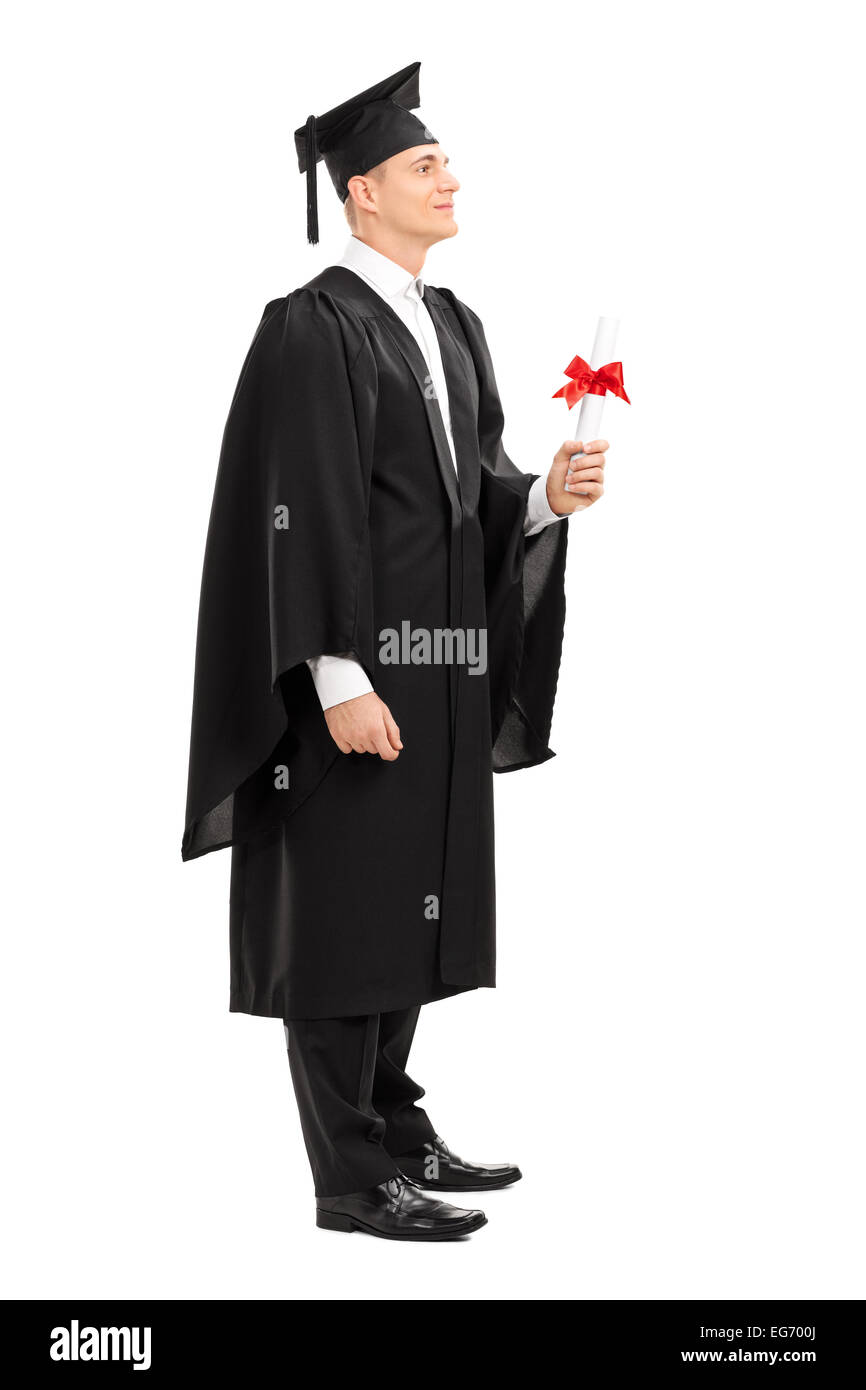 Full length portrait of a proud college graduate holding a diploma ...