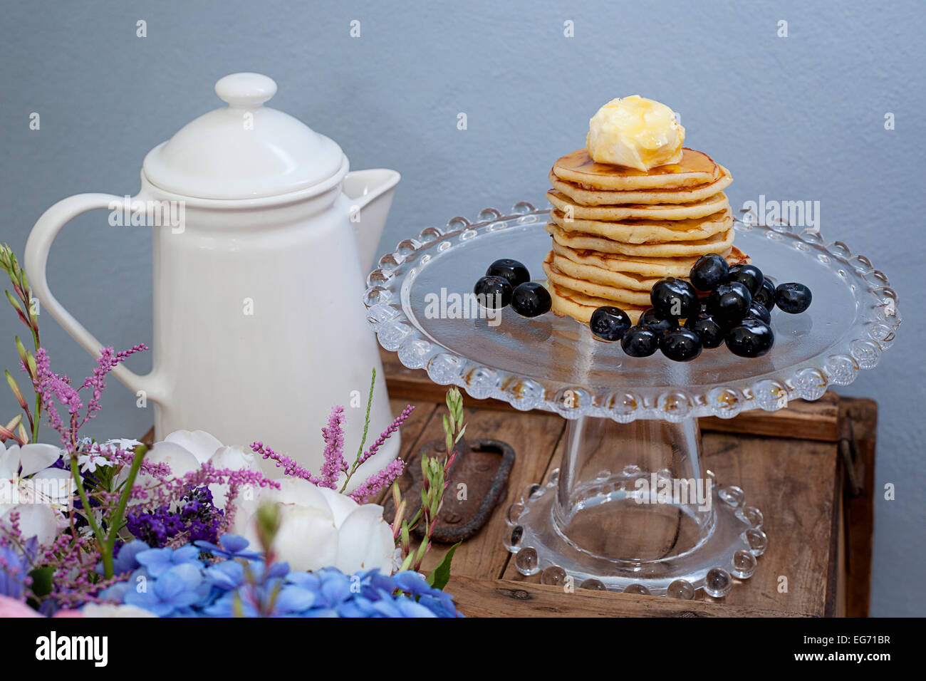 Breakfast in bed flapjack stack Stock Photo - Alamy
