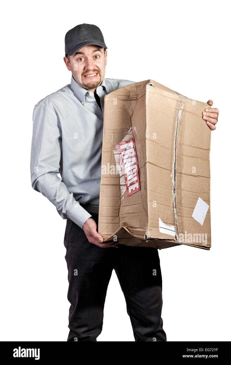 delivery man and broken parcel Stock Photo - Alamy