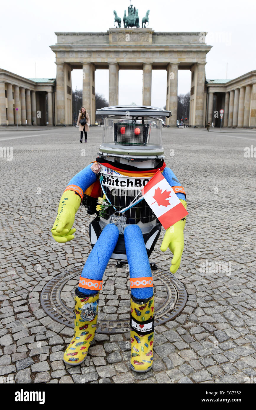Berlin, Germany. 18th Feb, 2015. The robot 'hitchBOT' stands in front ...
