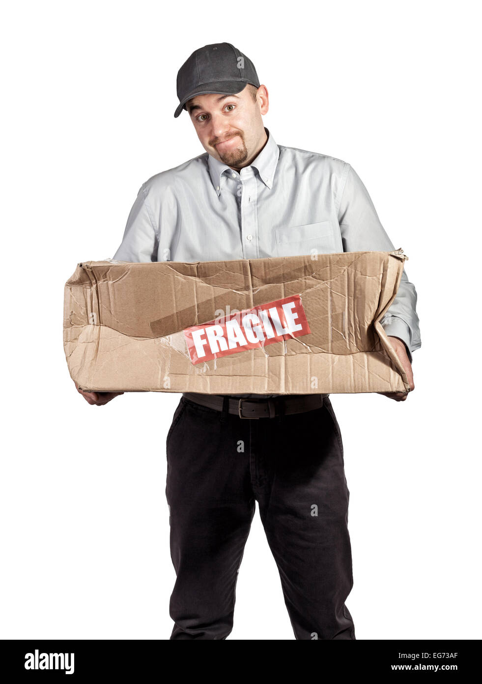 delivery man and broken parcel Stock Photo - Alamy