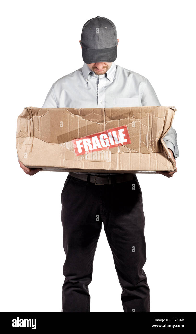 delivery man and broken parcel Stock Photo - Alamy