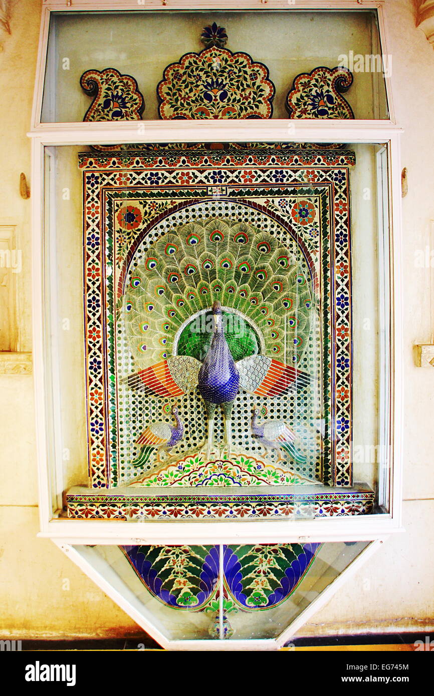 Highly decorative, colorful carving of dancing peacock at Peacock ...