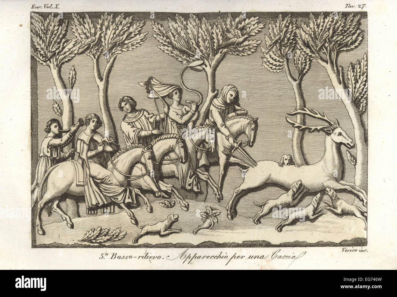 Knights and ladies on horseback hunting deer with sword, bow, horn and ...