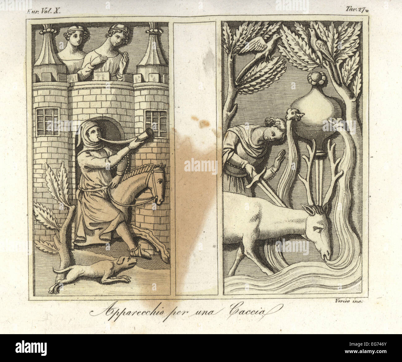 Medieval hunt from a bas relief on a sarcophagus: hunter with horn and ...