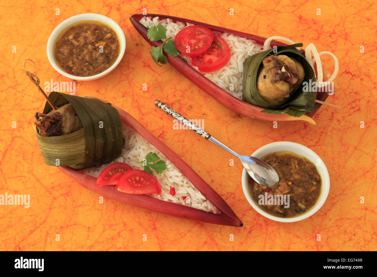 Steamed chicken, with pandanus leaves, Thai dish Stock Photo - Alamy