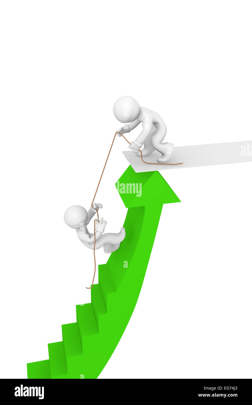Two 3d man climbing a green upswing arrow, helpfulness concept Stock ...