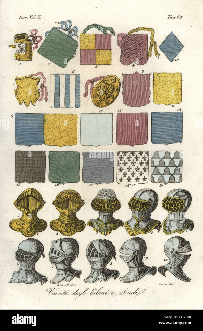 Variety of jousting shields and helmets from a medieval tournament ...