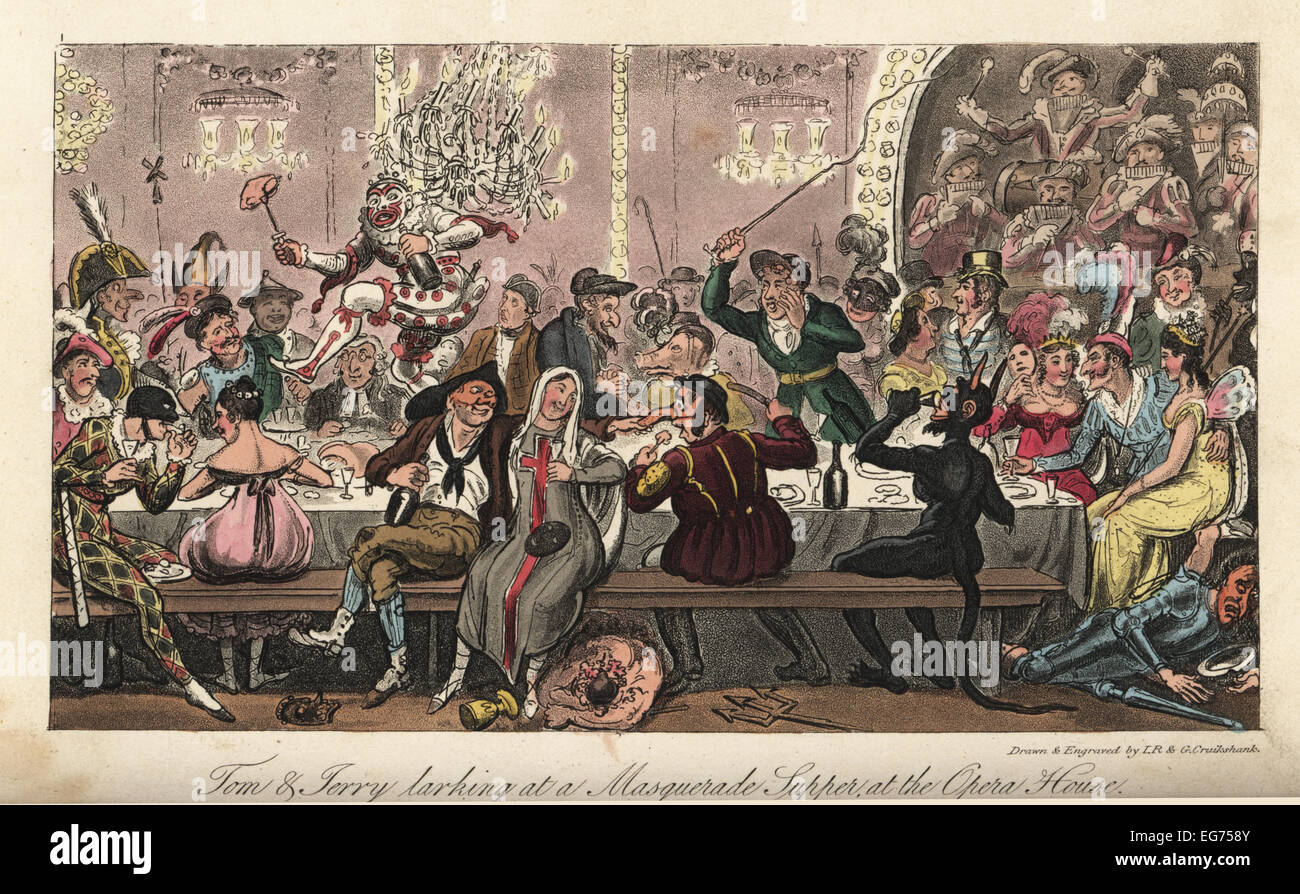 English dandies and belles in fancy-dress costume at a ball. Tom and ...