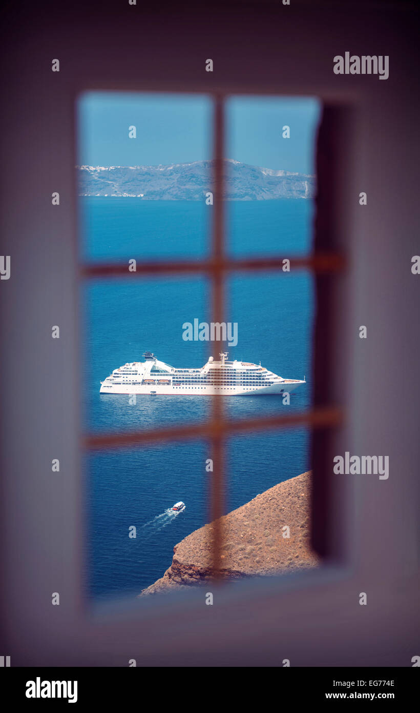 Greece, Cyclades, Santorini, Oia, view through window at cruise liner ...