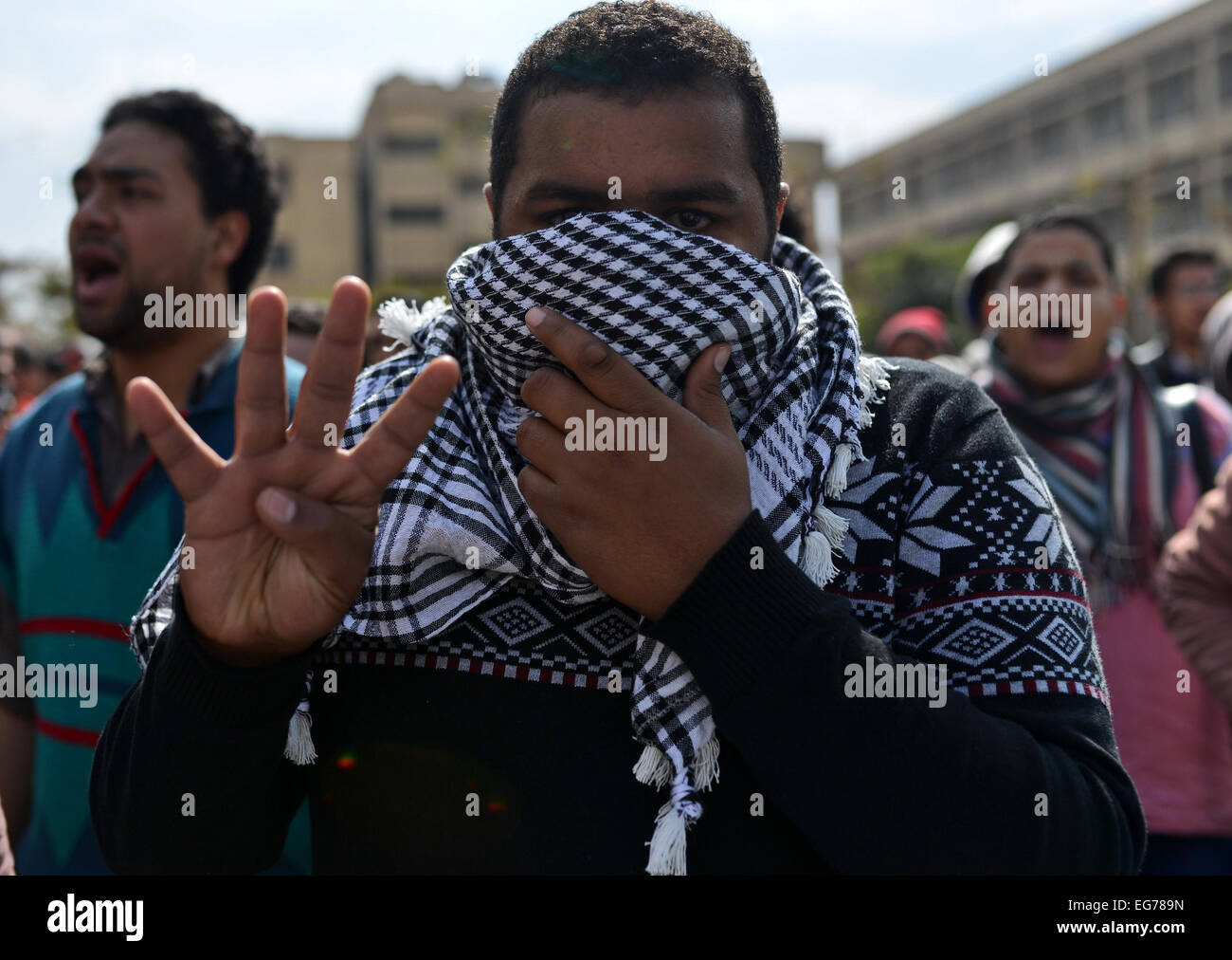 Cairo, Egypt. 18th Feb, 2015. An Egyptian student who support ousted ...