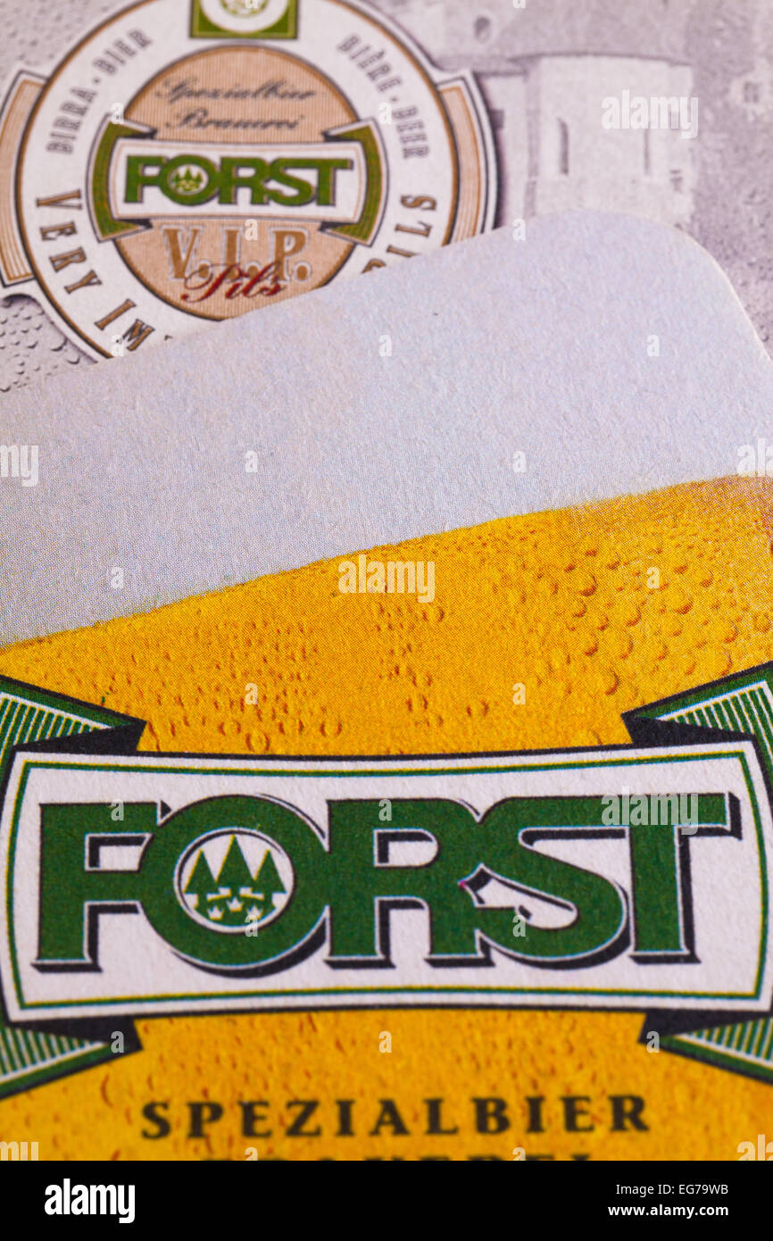 GERMANY,STRASBOURG-November 9,2014: Beermats from Forst beer.Forst is ...