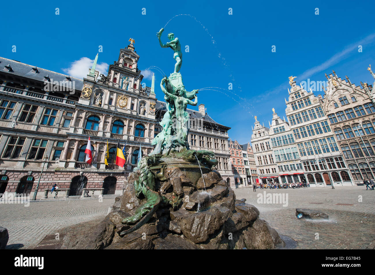 Statue of Silvius Brabo throwing a hand, on the Grand Market in Antwerp ...