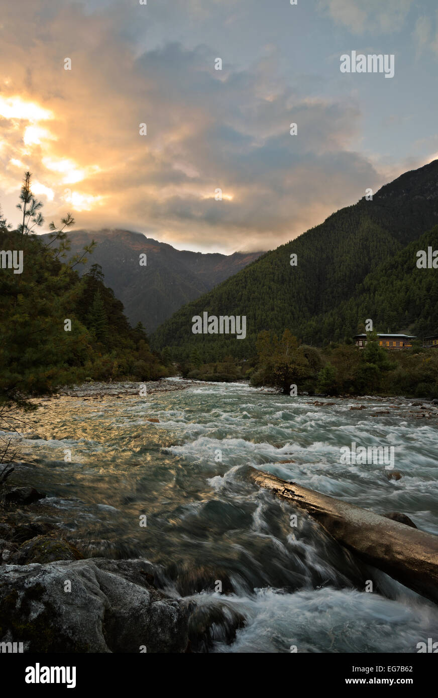 BU00159-00...BHUTAN - Sunset over the Paro River near Sharna Zampa ...