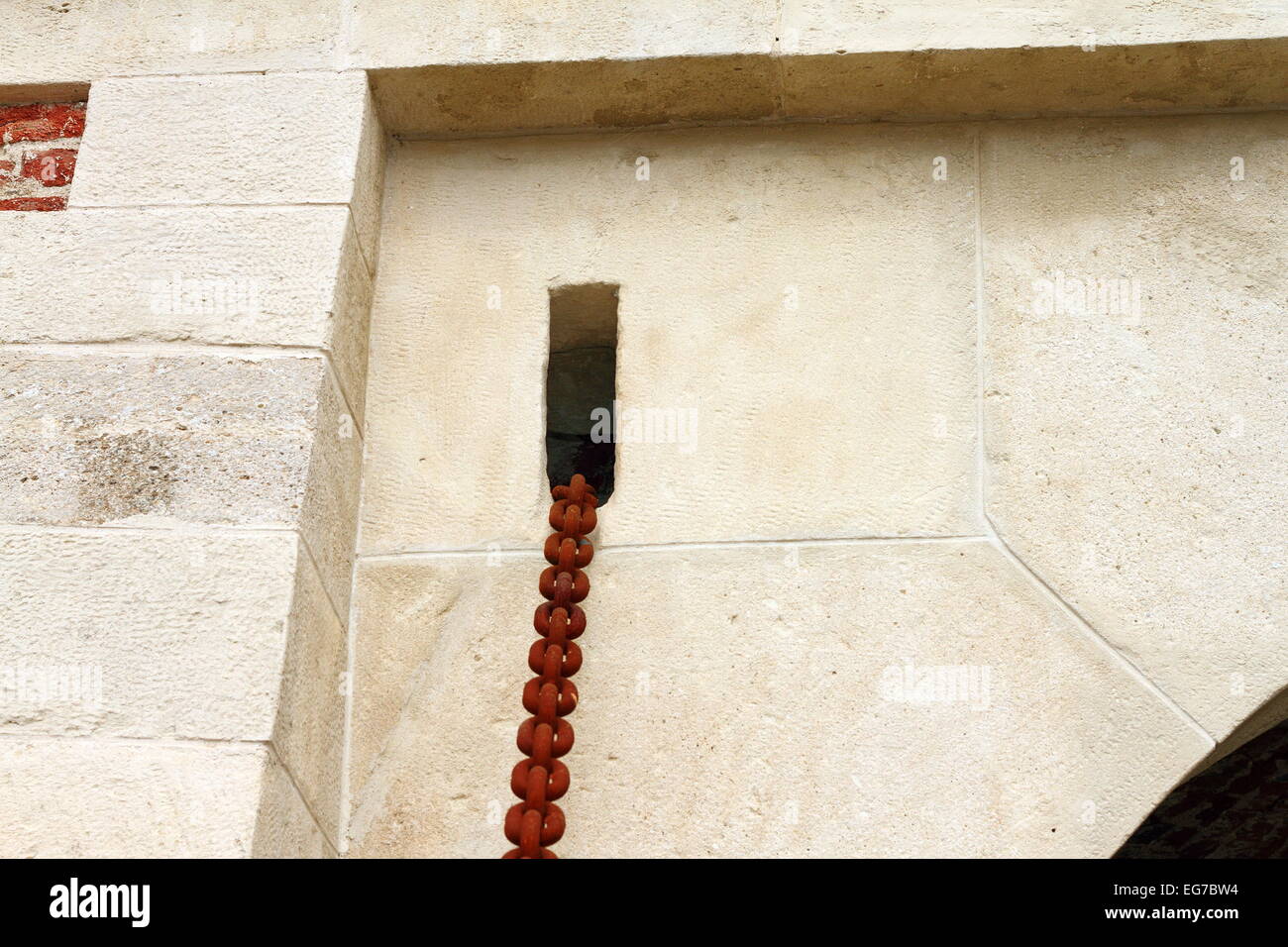 rusty chain on old castle entrance, system for the wooden bridge that ...
