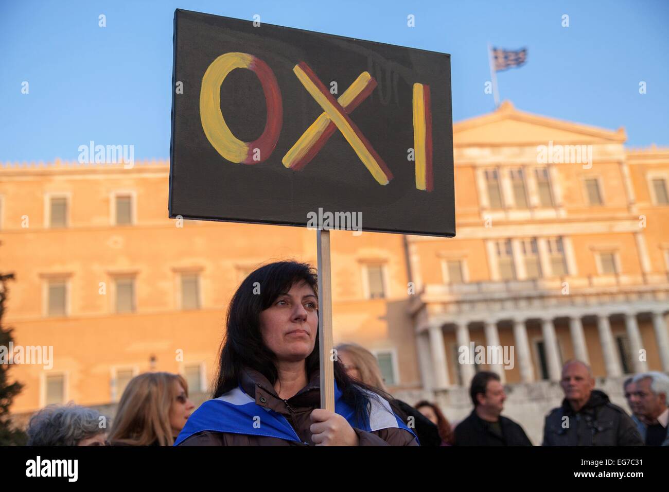 Greek woman with sign "No". Greeks protest against austerity policy of ...