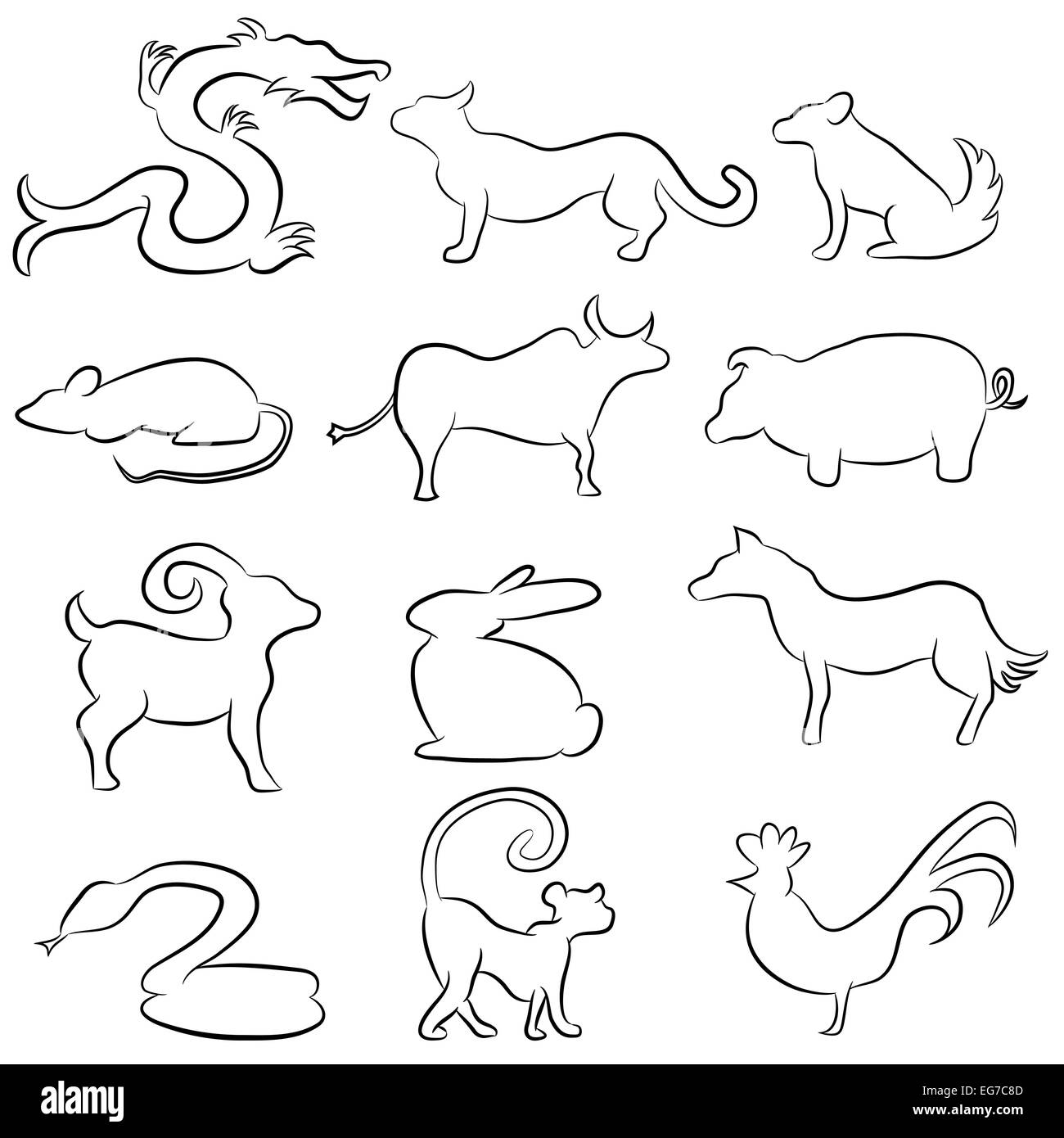An image of a chinese astrology animal line drawings Stock Photo - Alamy