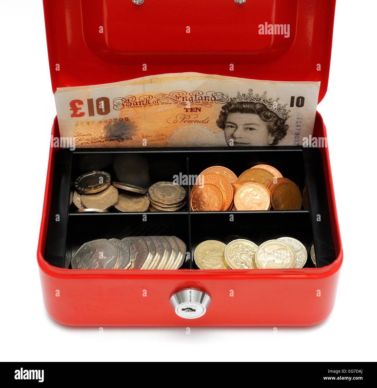 A red petty cash tin with a float of money inside Stock Photo - Alamy