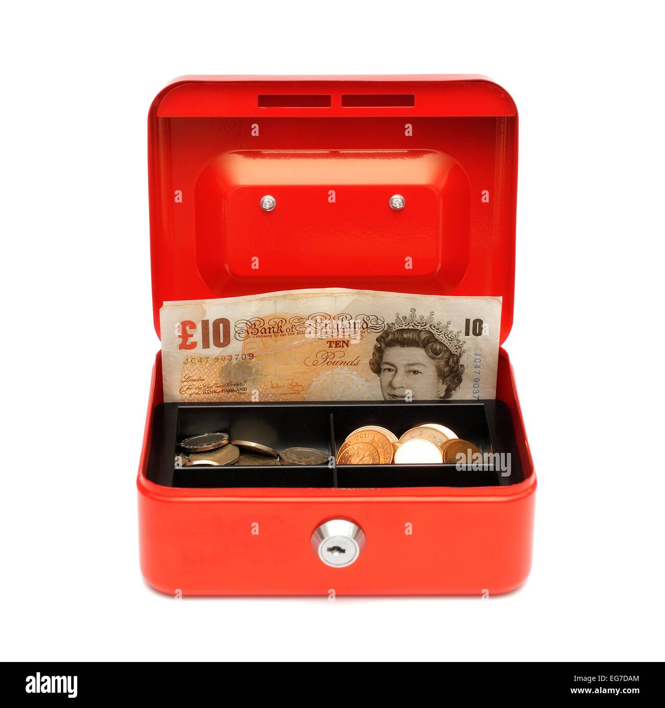 A red petty cash tin with a float of money inside Stock Photo - Alamy
