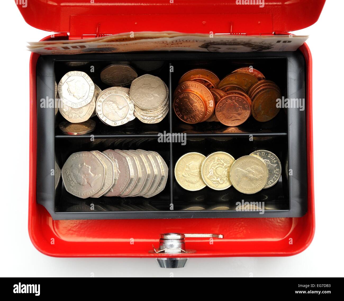 A red petty cash tin with a float of money inside Stock Photo - Alamy