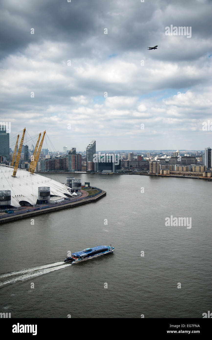 Aerial view of Canary Wharf, O2 Dome and Greenwich Peninsula from ...