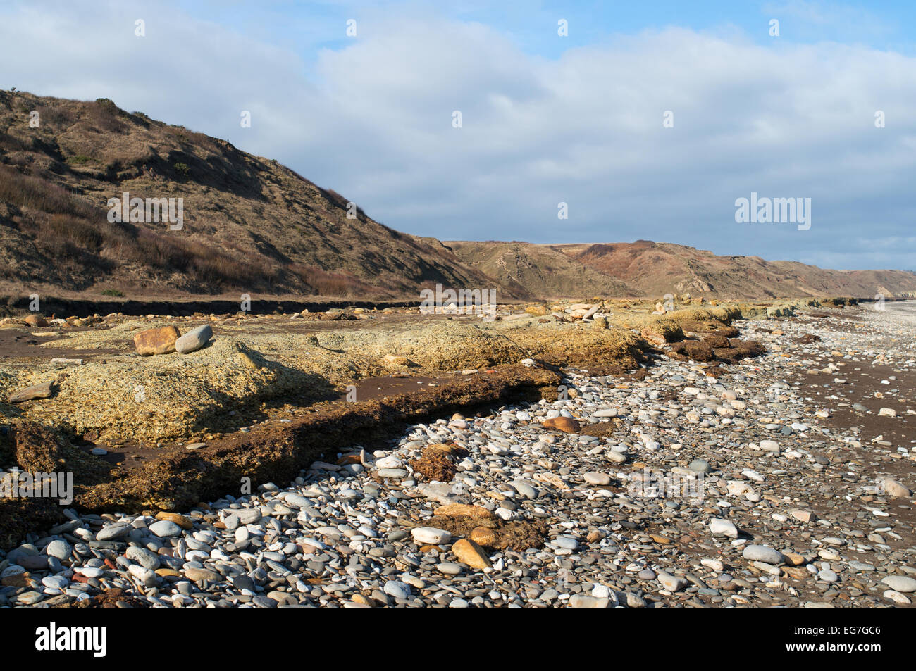 Blackhall Colliery beach showing eroded layer of coal mining waste ...