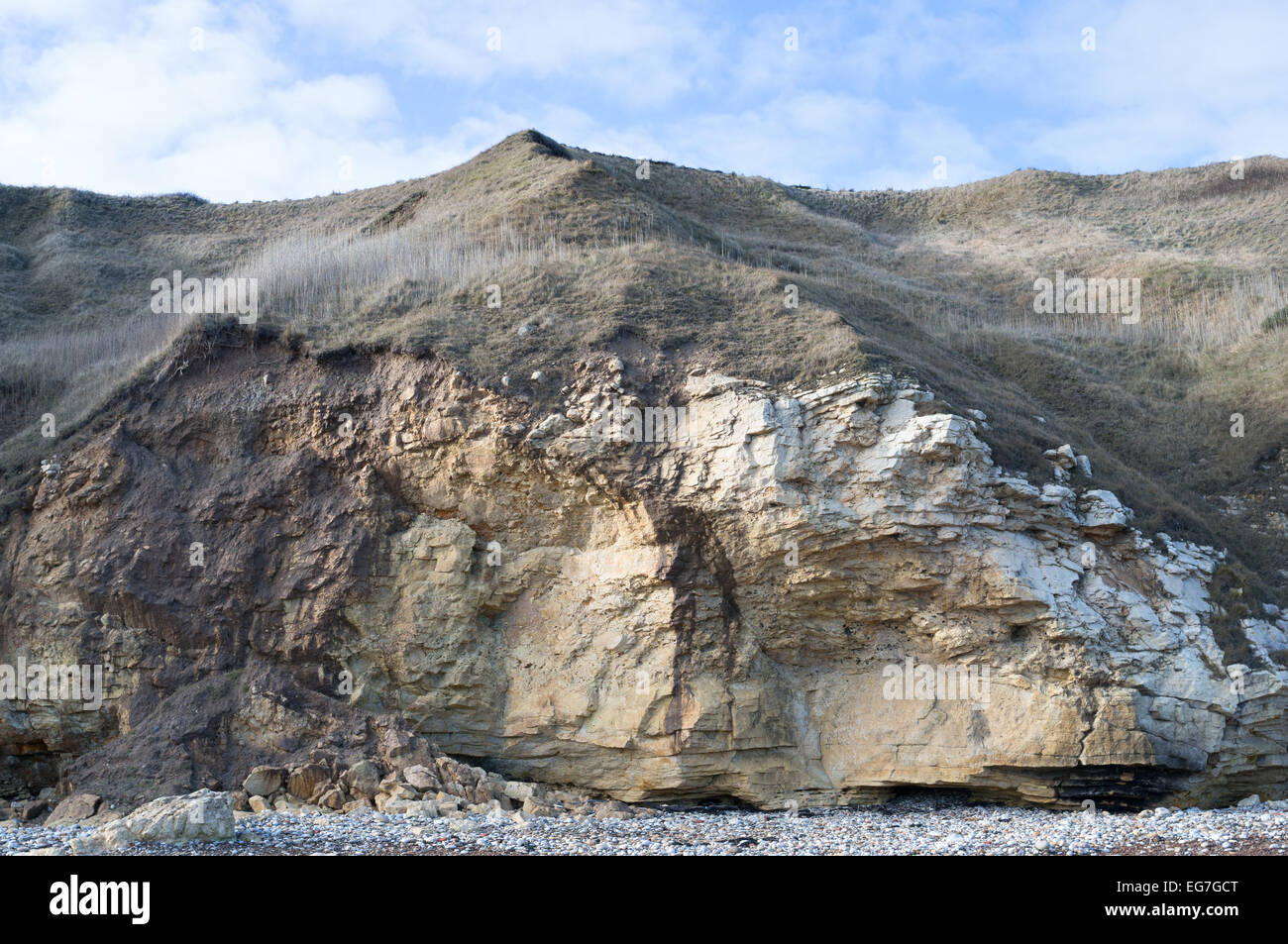 Crumbling cliffs being eroded by the sea near Blackhall, County Durham ...