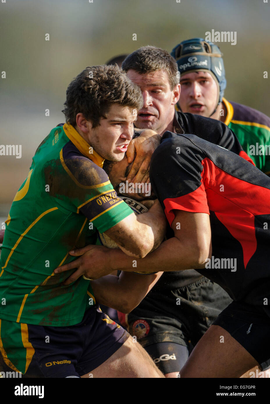 Rugby, player being tackled Stock Photo - Alamy