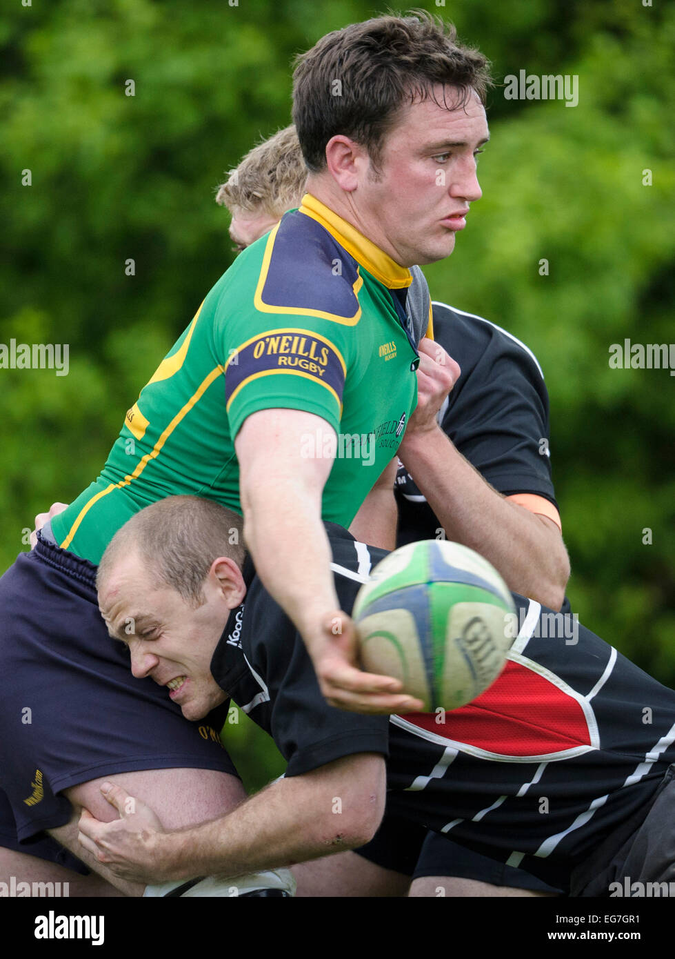 Rugby, player being tackled Stock Photo - Alamy