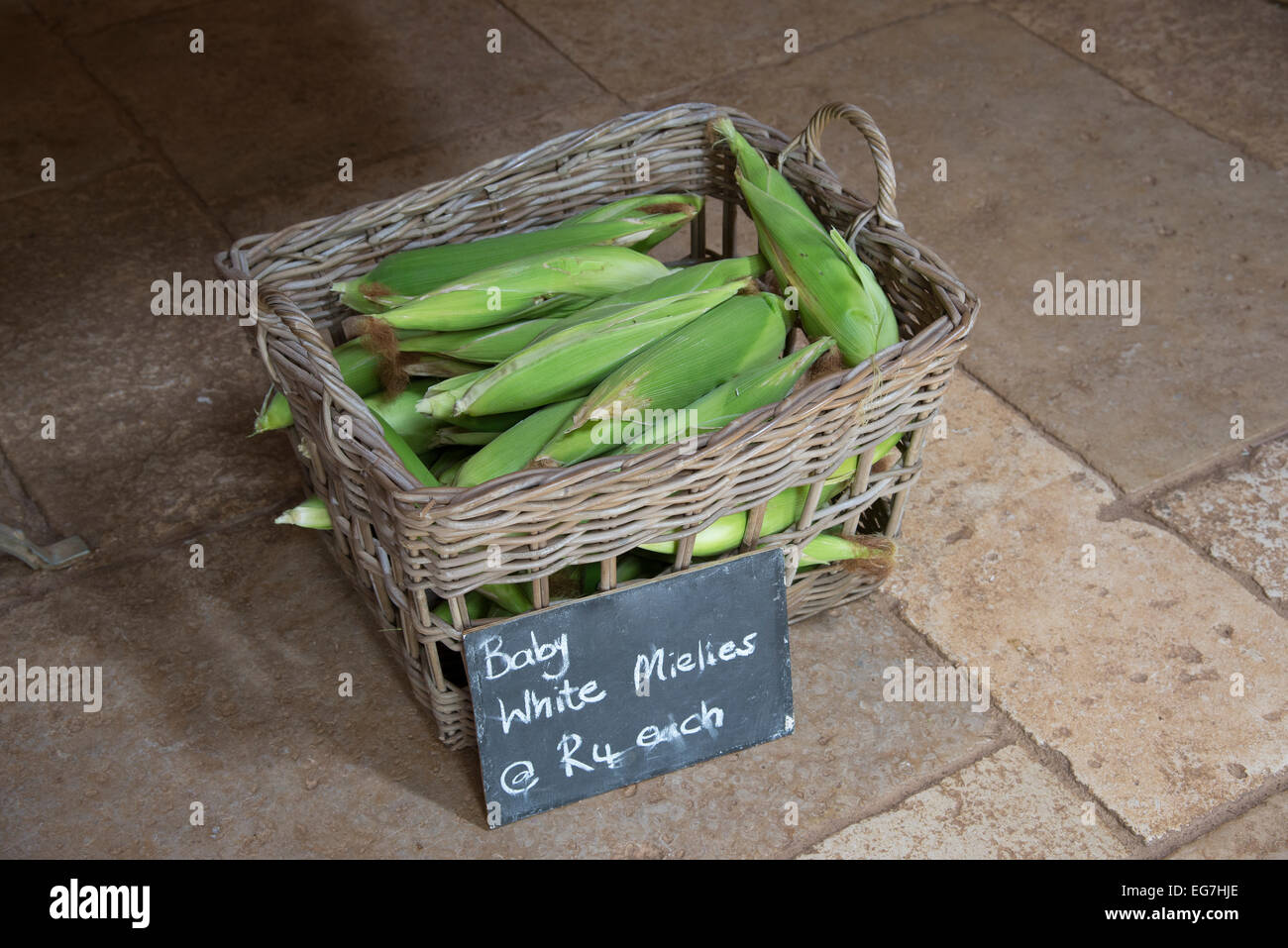 Baby white Mielies on sale in a basket South Africa Stock Photo - Alamy