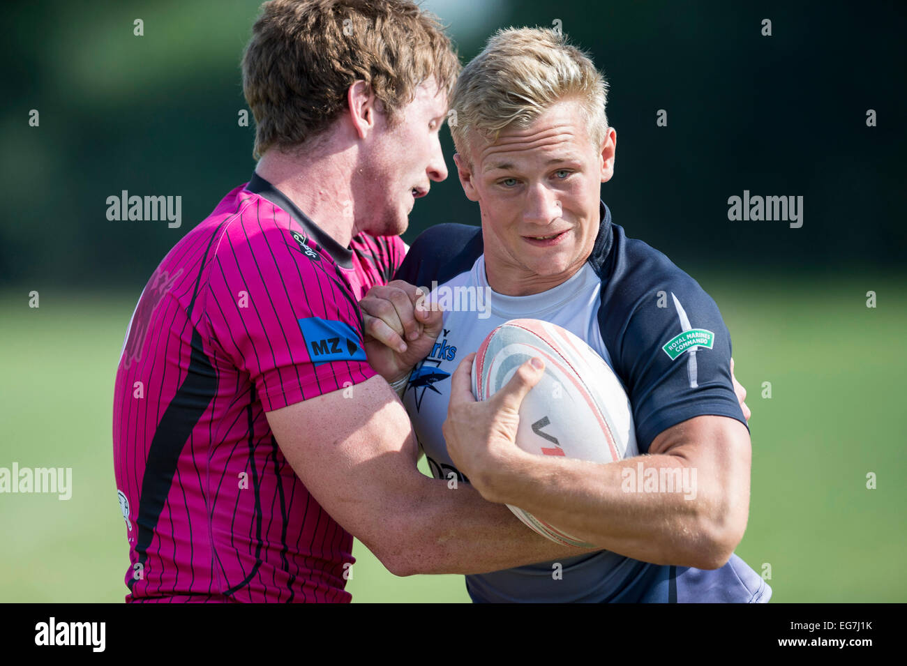 Rugby, player being tackled Stock Photo - Alamy