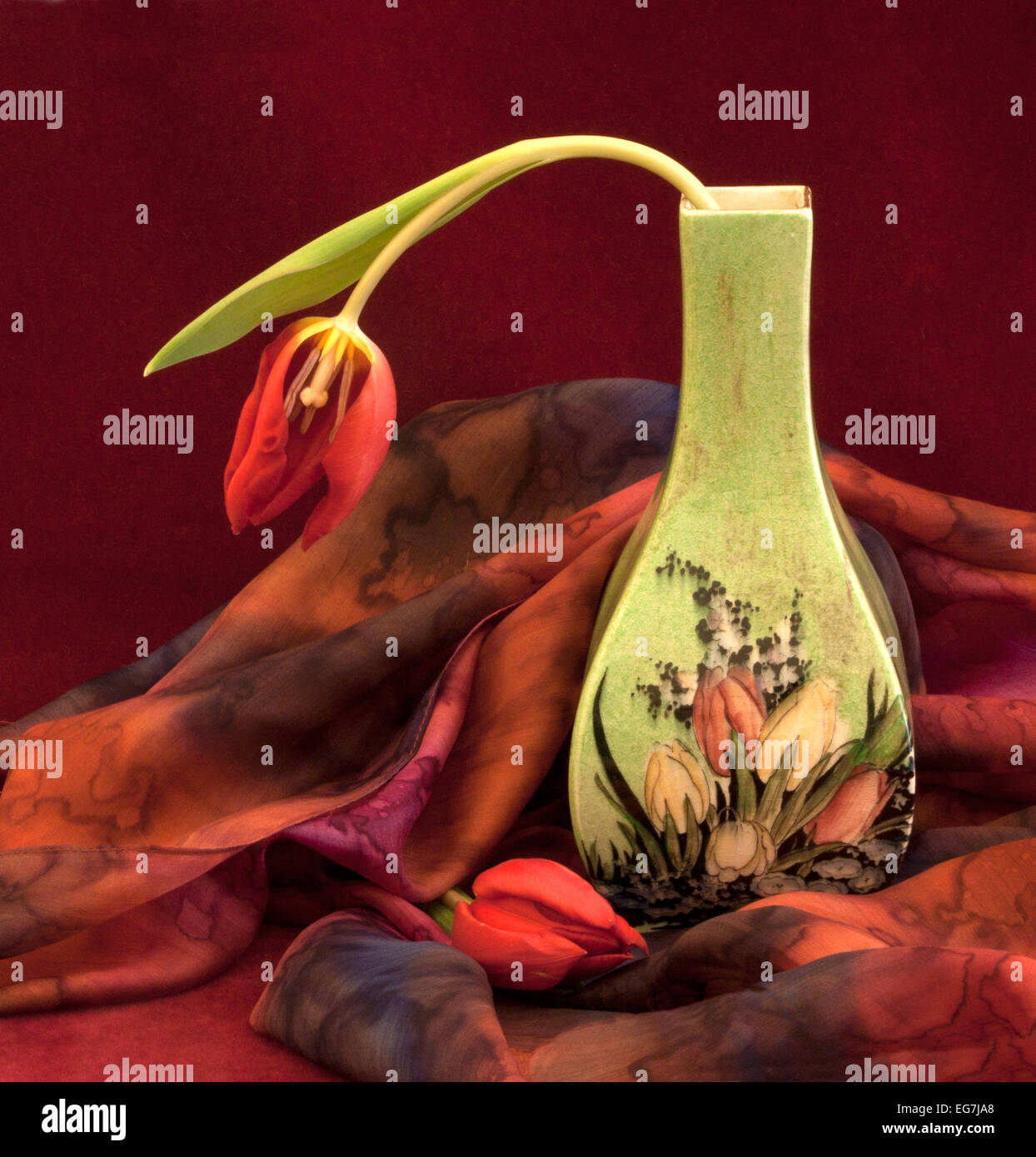 Single tulip in a vintage vase with another bloom at the base Stock ...