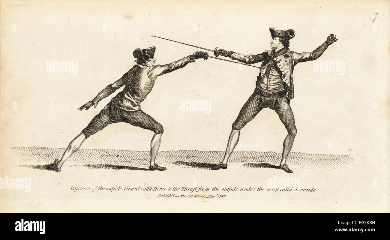 Gentlemen fencers in position for the outside-guard called Tierce and ...