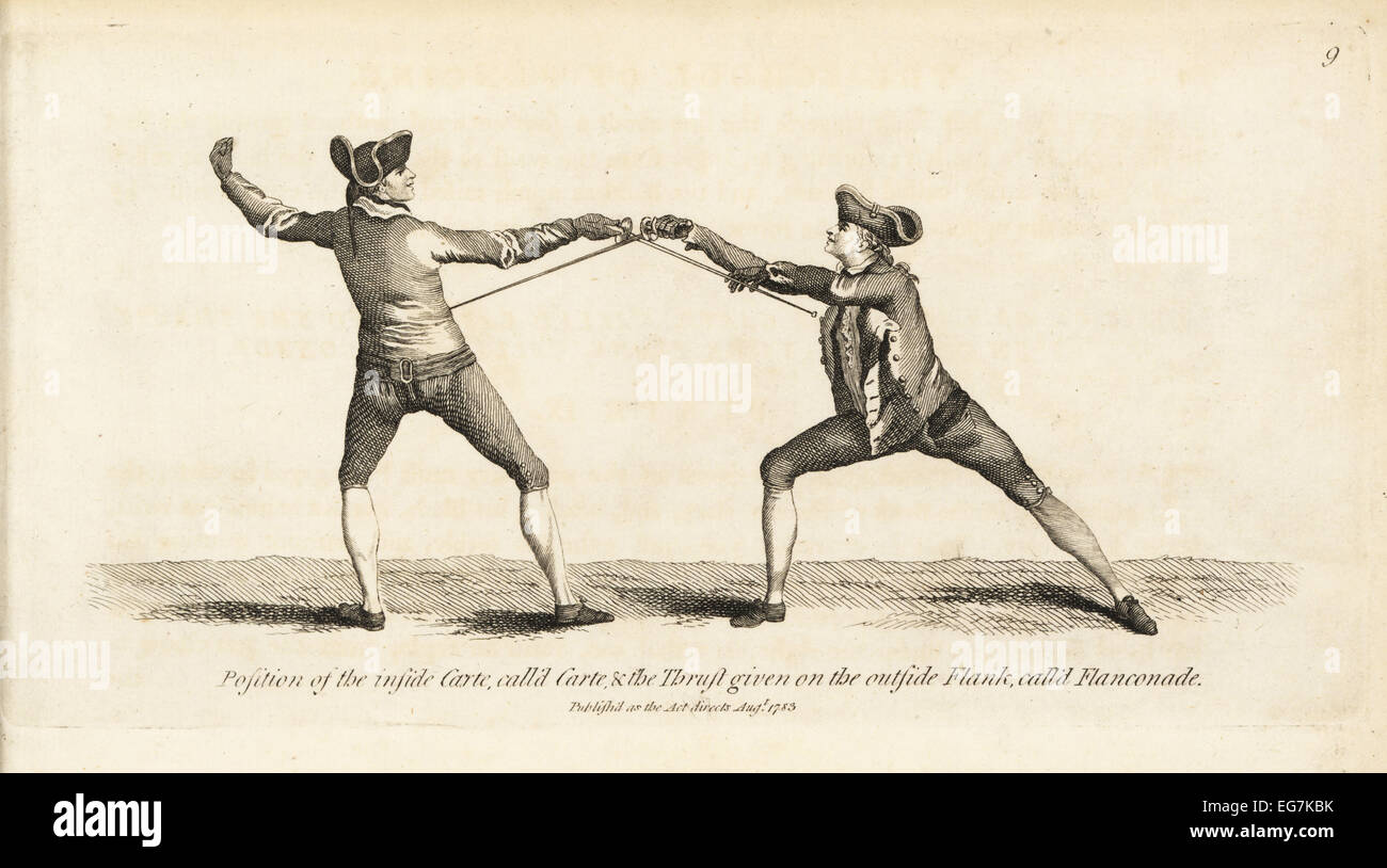 Gentlemen fencers in position of the inside Carte and the thrust given ...