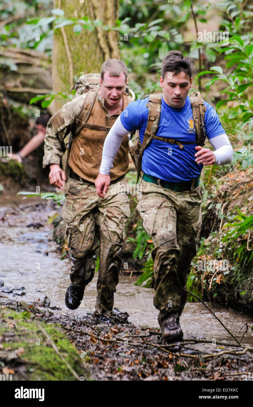 Bangor, Northern Ireland. 18th February, 2015. Soldiers run through a ...