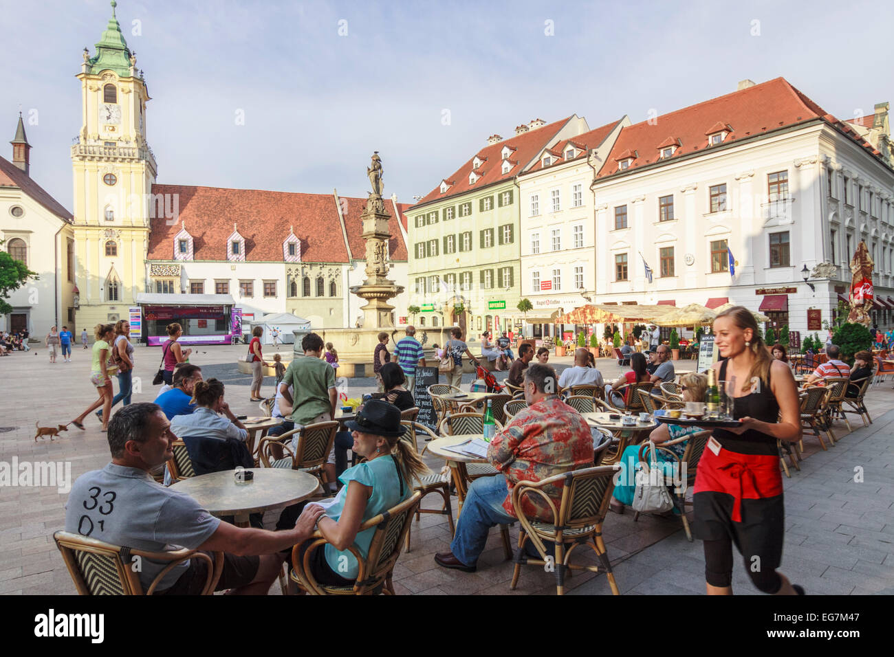 Old Town main square with people at a street cafe. Bratislava, Slovakia ...