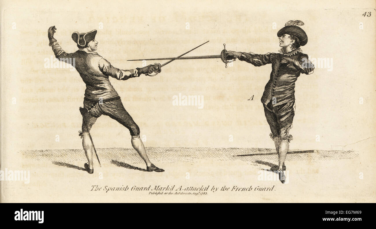 Gentleman fencer in the French Guard attack against an opponent in the ...